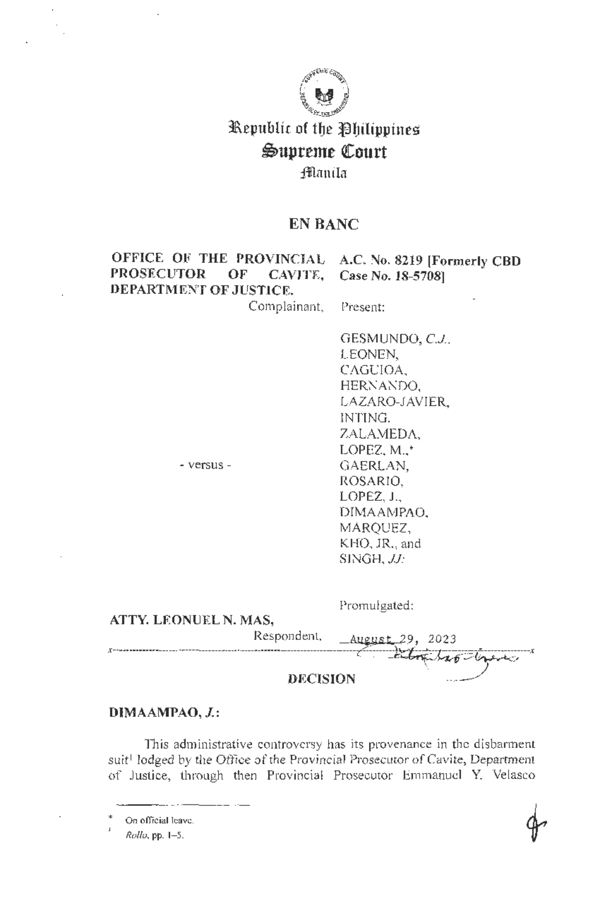 Office of the Provincial Prosecutor of Cavite, Department of Justice Vs ...