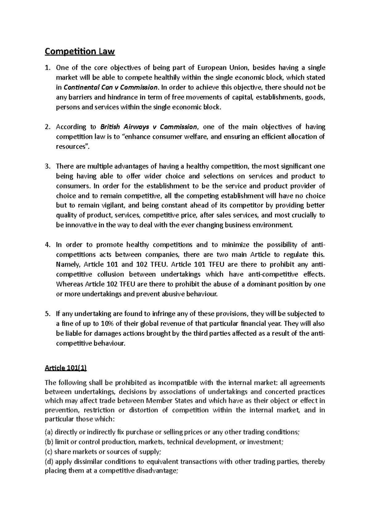 Competition Law For Exam - Competition Law One of the core objectives ...