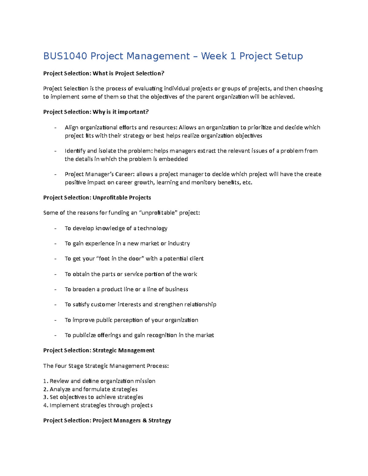 BUS1040 Week 1 Project Setup Notes - BUS1040 Project Management – Week ...