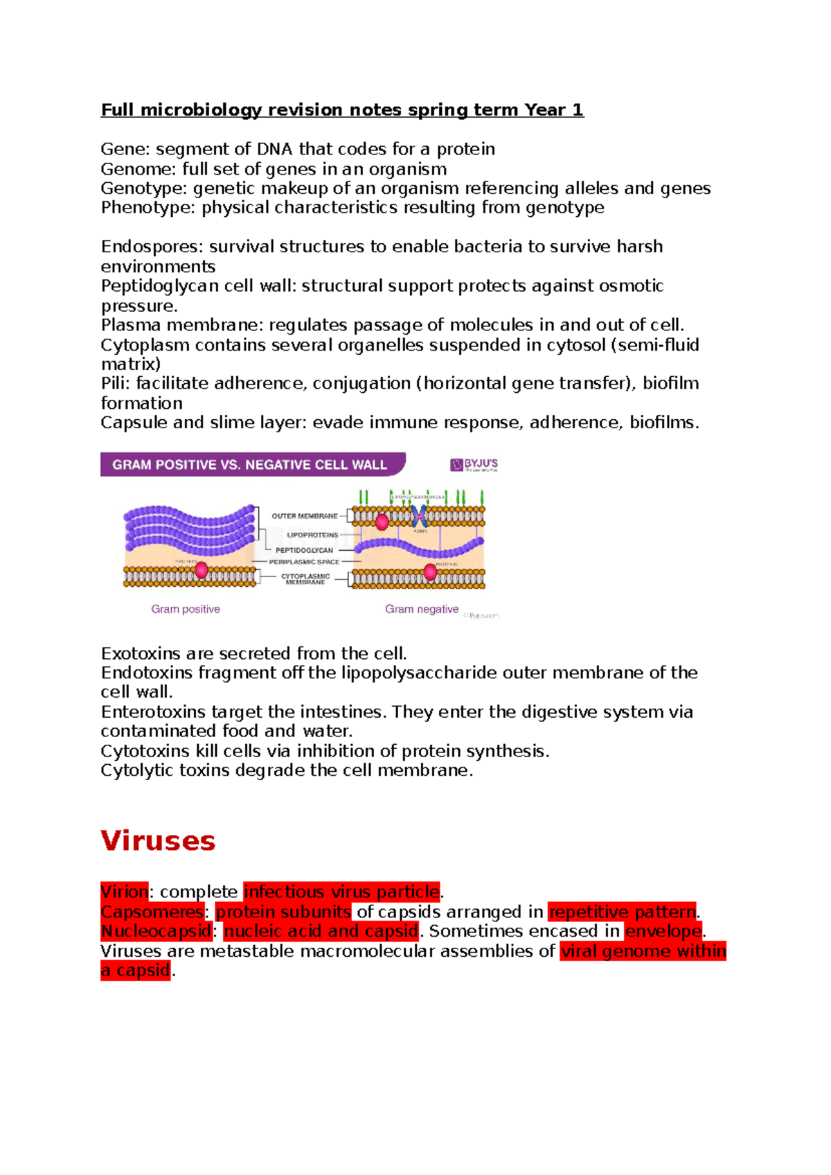 BS104 notes - Full microbiology revision notes spring term Year 1 Gene ...
