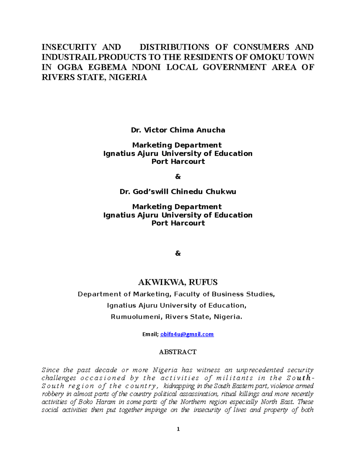 Effect OF Insecurity ON Distribution OF Consumers AND Industrial ...