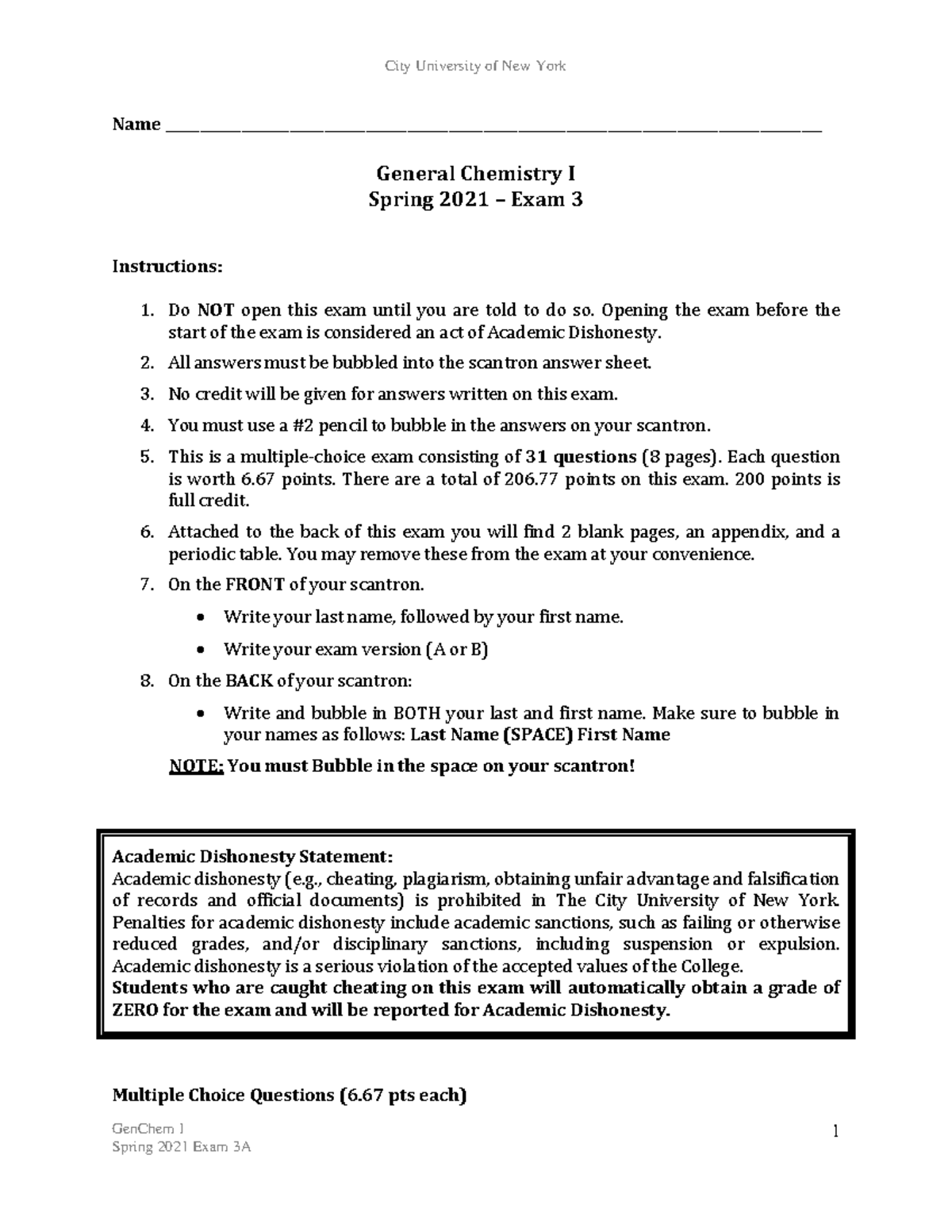 Exam 3-VA - test practice - GenChem I 1 Name - Studocu