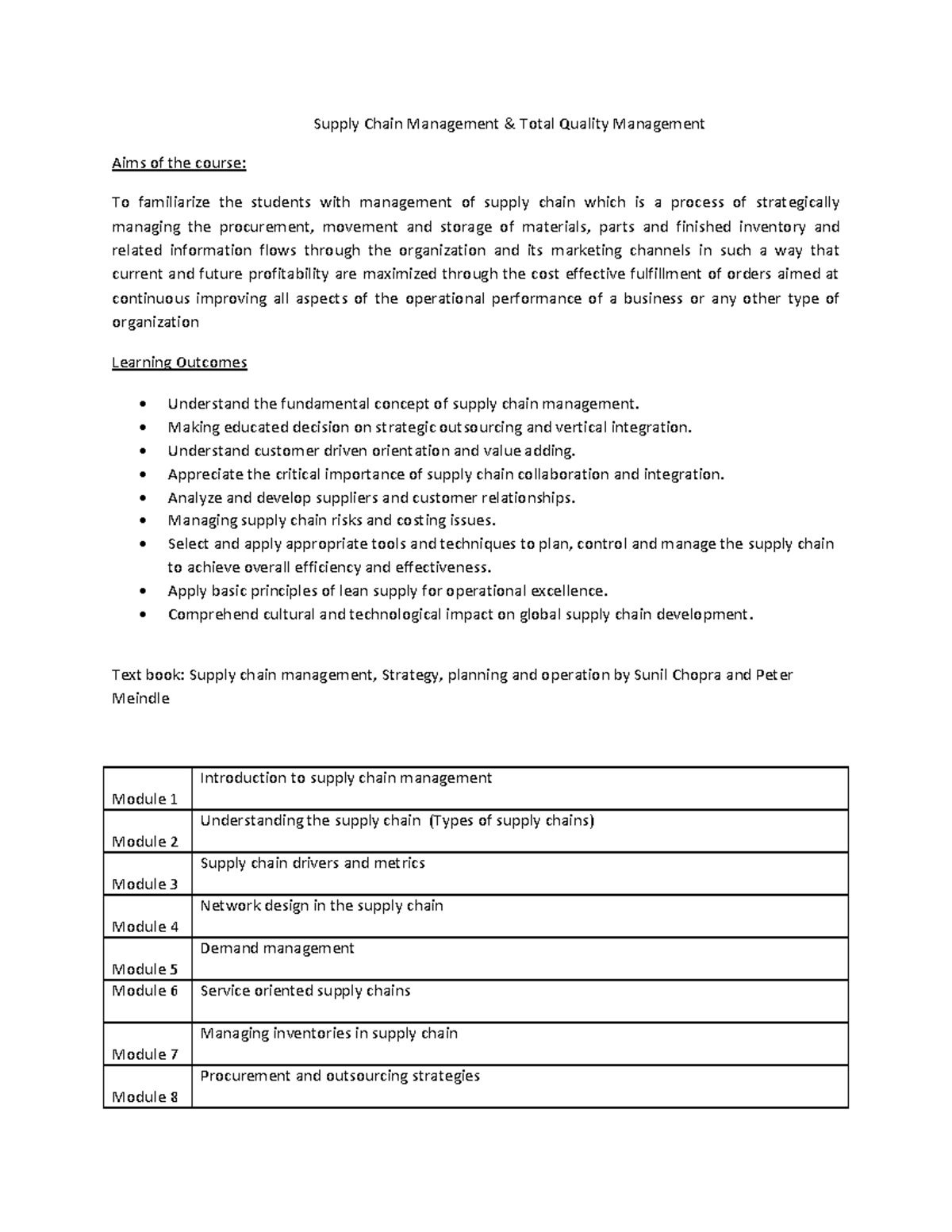 Course outline Logistics SCM TQM - Supply Chain Management & Total ...
