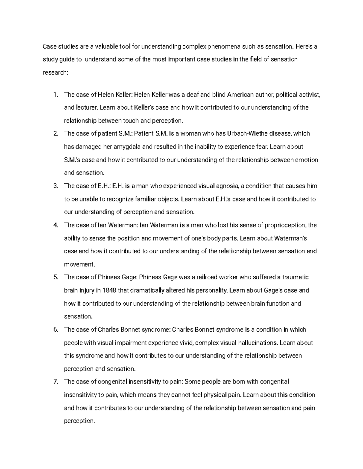 Sensation Study Guide - Case studies are a valuable tool for ...