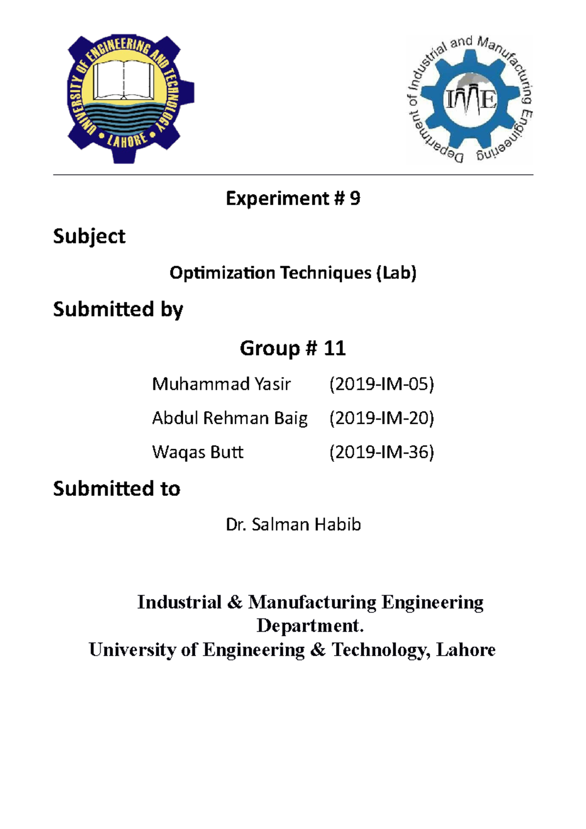 Group 11(Experiment No 09) - Experiment # 9 Subject Optimization ...