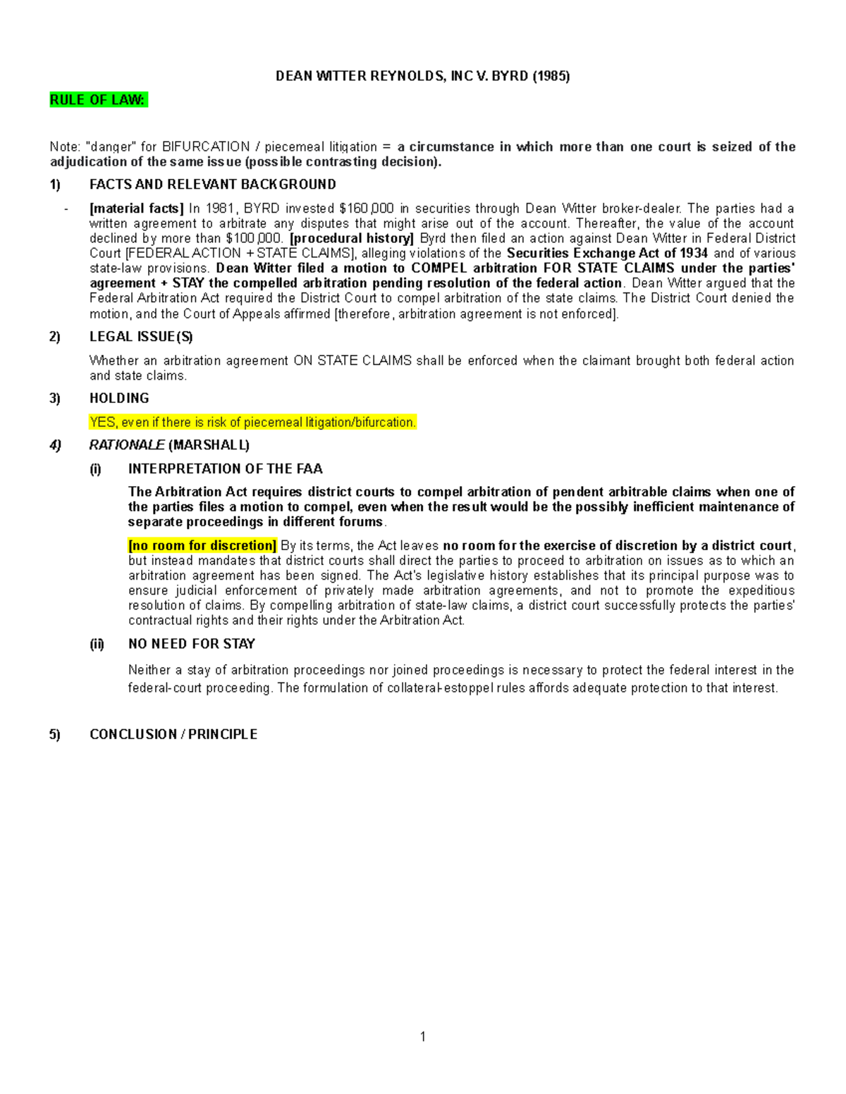 COMMERCIAL ARBITRATION: Case brief & class notes (including diss ...