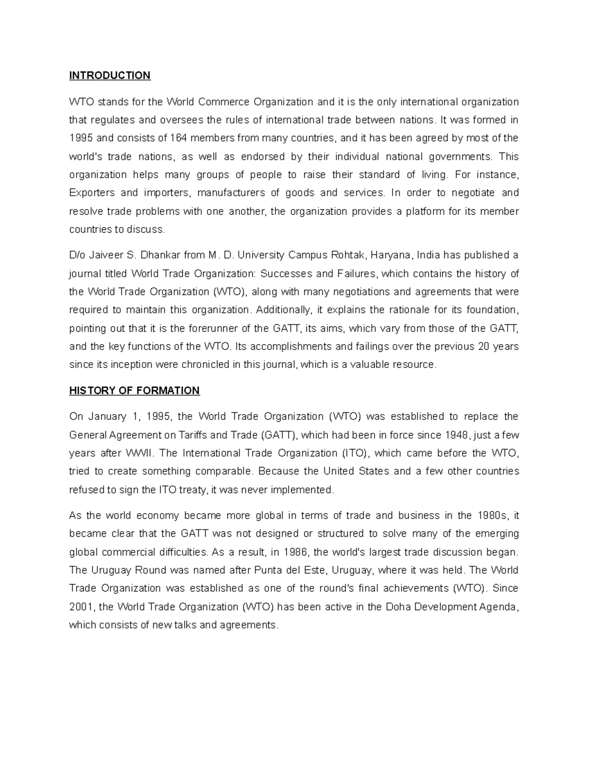 History OF Formation (WTO) - INTRODUCTION WTO stands for the World ...