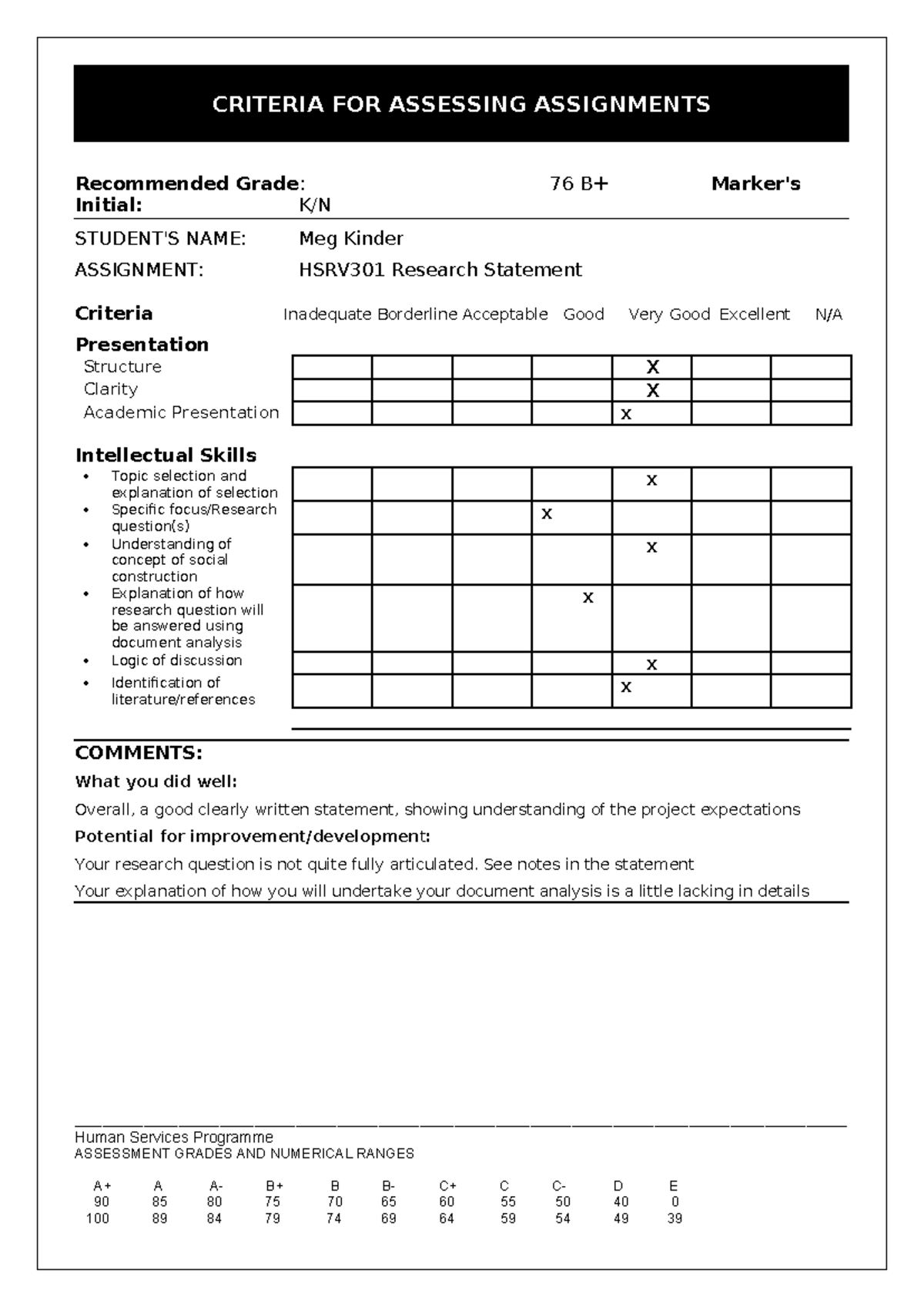 marking document - CRITERIA FOR ASSESSING ASSIGNMENTS Recommended Grade ...