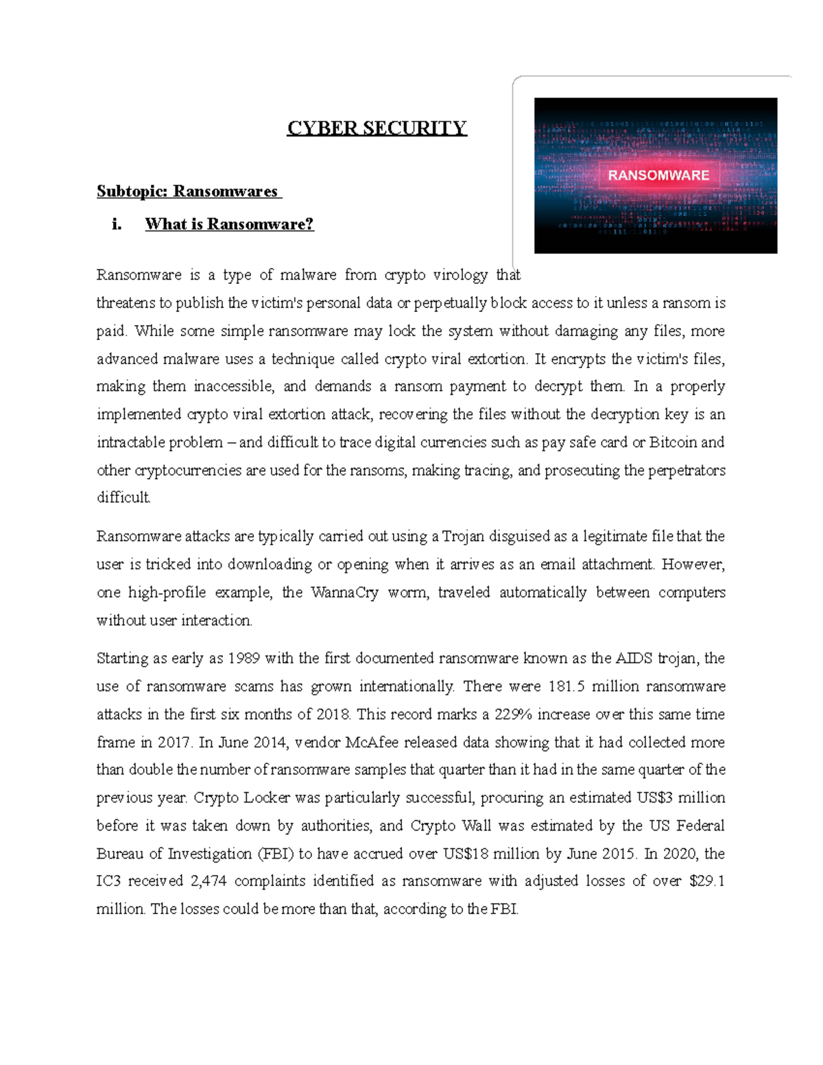 Cyber Security - CYBER SECURITY Subtopic: Ransomwares i. What is ...