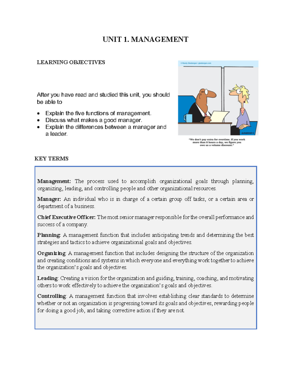 Unit-1-Management - Điểm A - UNIT 1. MANAGEMENT LEARNING OBJECTIVES ...