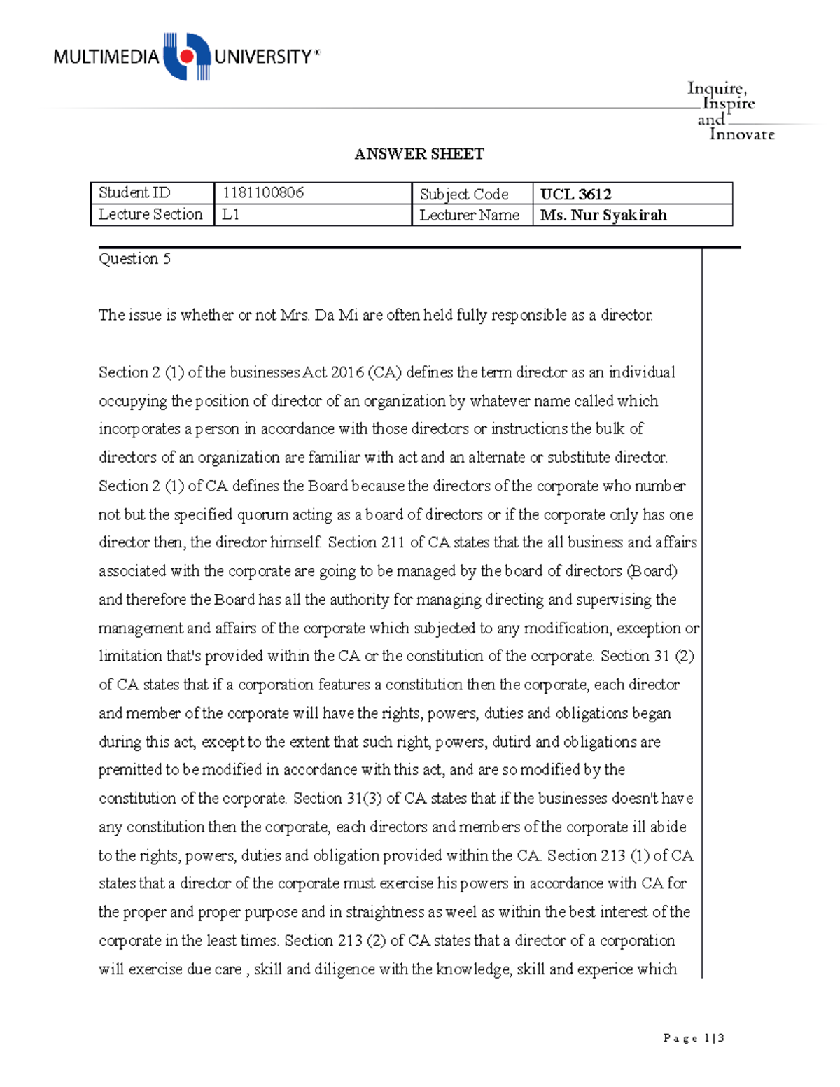 Company Law 2021-2022 Finals Ans Q5 - ANSWER SHEET Student ID ...
