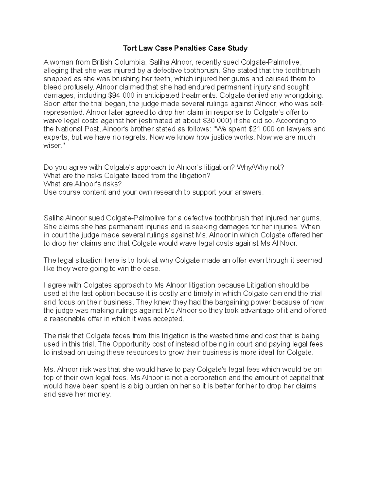 Tort Law Penalties Case - Tort Law Case Penalties Case Study A woman ...