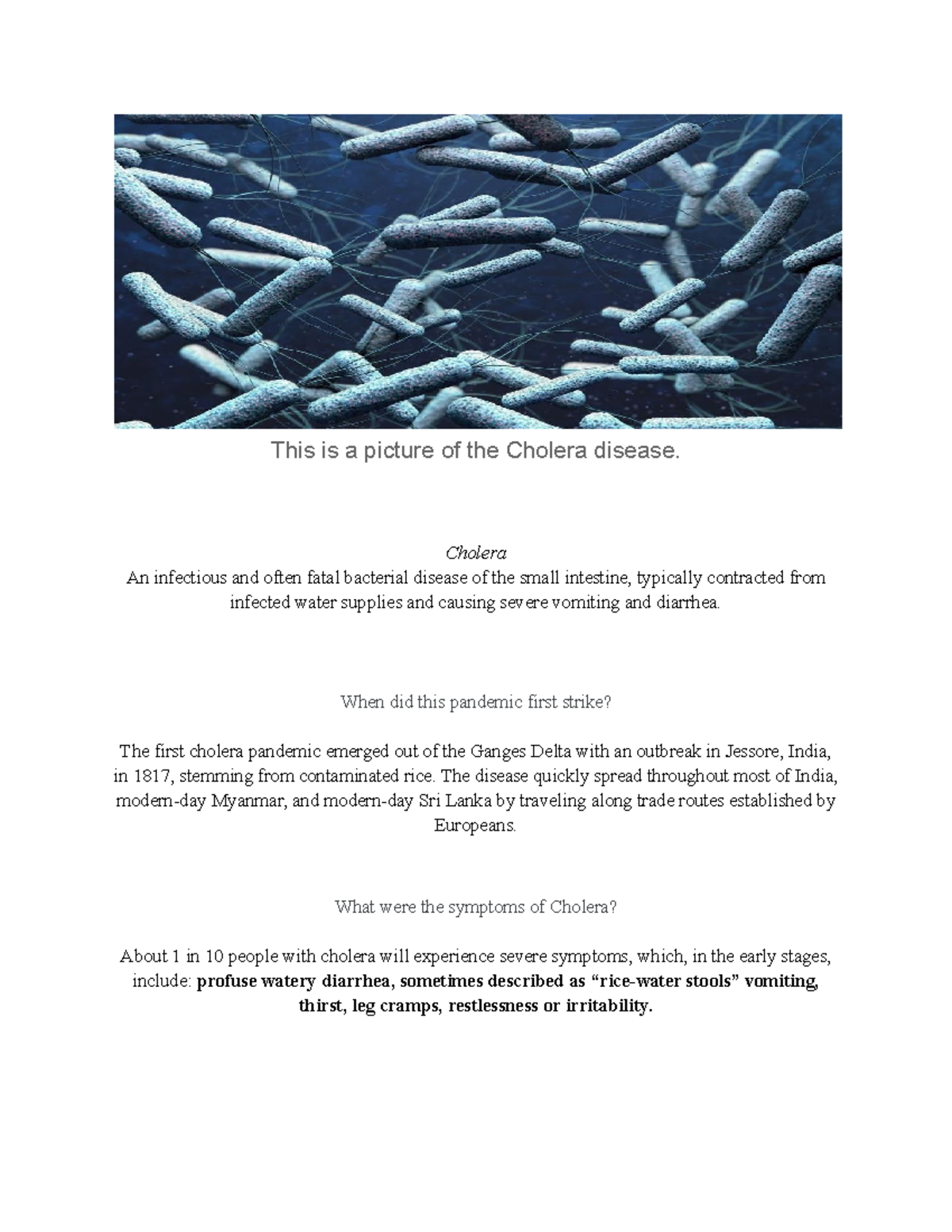 Informational Text about Cholera - This is a picture of the Cholera ...