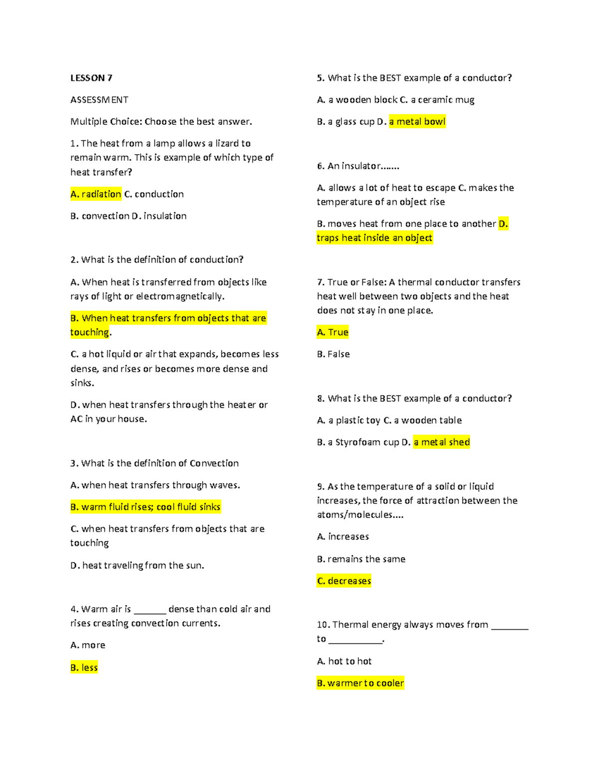 Lesson 7-12 Reviewer Physics Quiz - LESSON 7 ASSESSMENT Multiple Choice ...