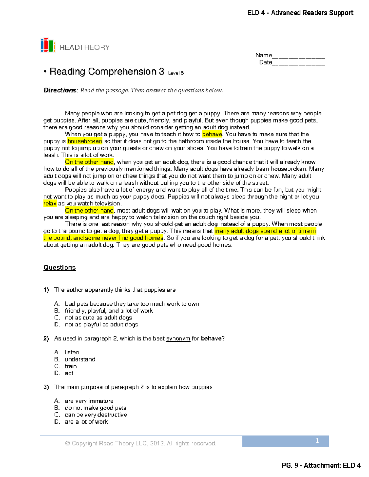 ELD 4 - Advanced Readers Support - © Copyright Read Theory LLC, 2012 ...