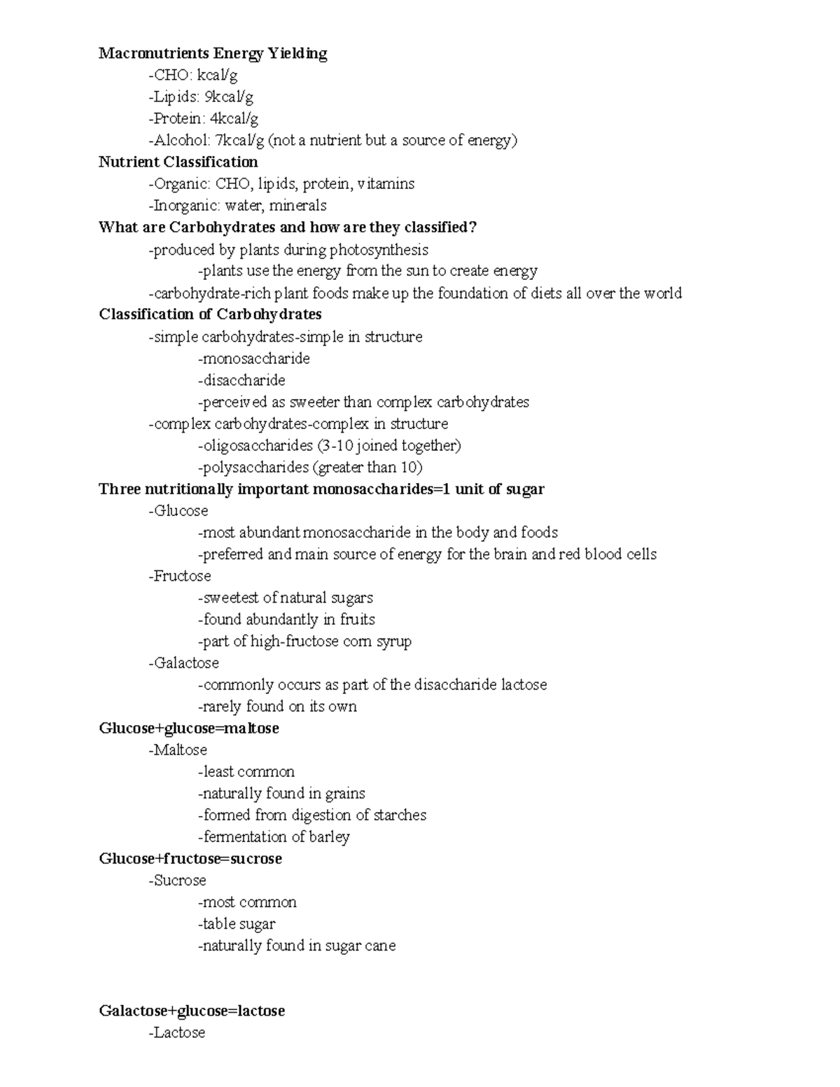 Chapter 4 Notes - Macronutrients Energy Yielding -CHO: kcal/g -Lipids ...