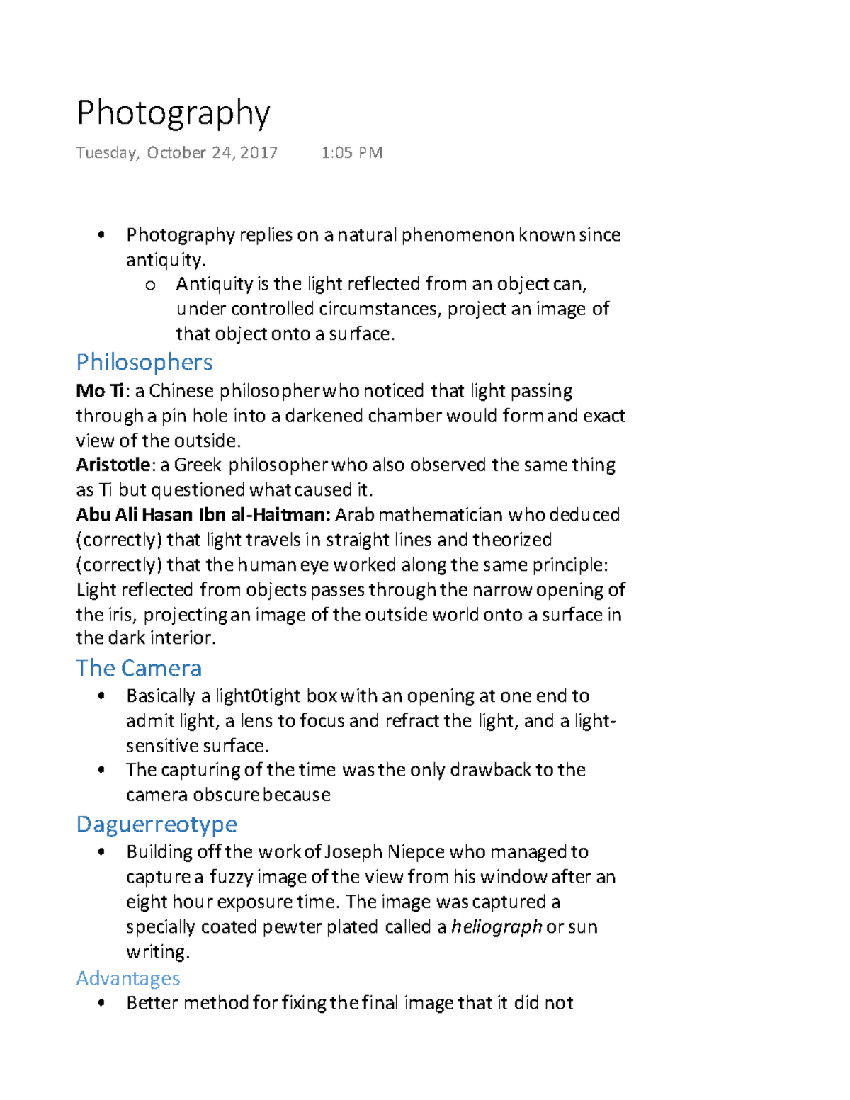Photography - Lecture notes Week 12 - Photography Tuesday, October 24 ...