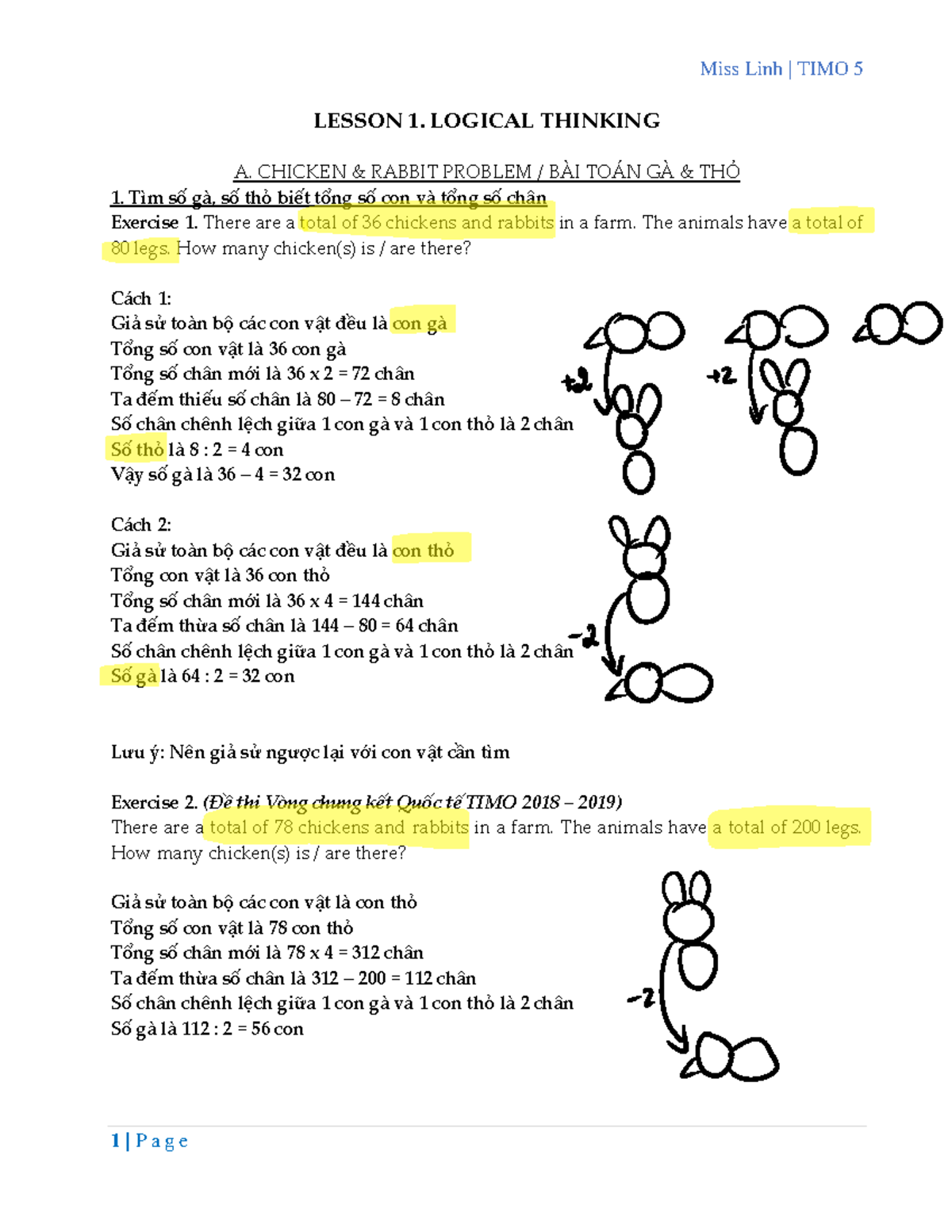 Lesson 1 (Chữa) - aaaa - LESSON 1. LOGICAL THINKING A. CHICKEN & RABBIT ...