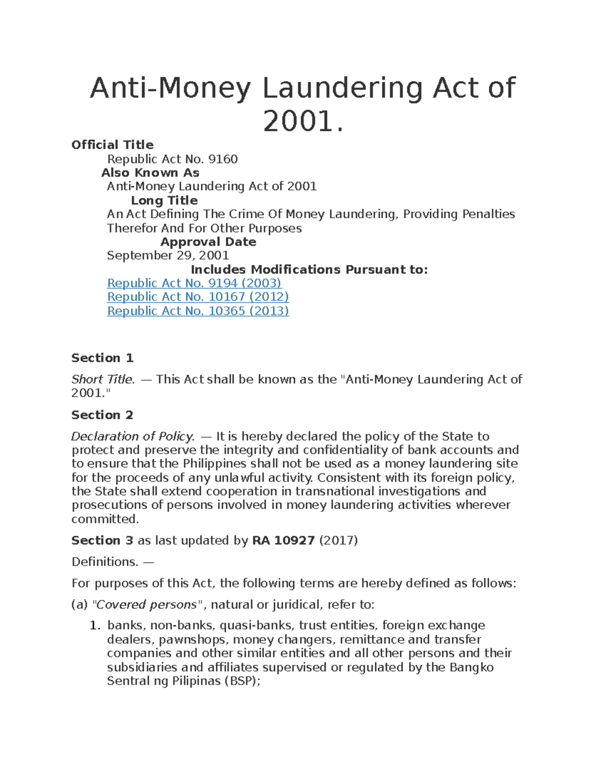 Anti - Anti-Money Laundering Act of 2002 - Anti-Money Laundering Act of ...