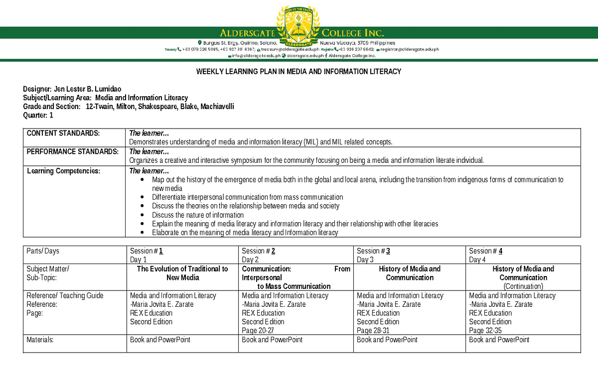 Q1 WLP 2nd week - Weekly Learning Plan - WEEKLY LEARNING PLAN IN MEDIA ...