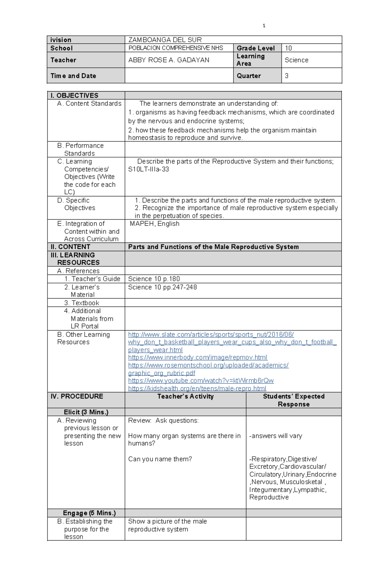 Q3 LESSON PLAN-SCIENCE 10 MODULE 1 - ivision ZAMBOANGA DEL SUR School ...