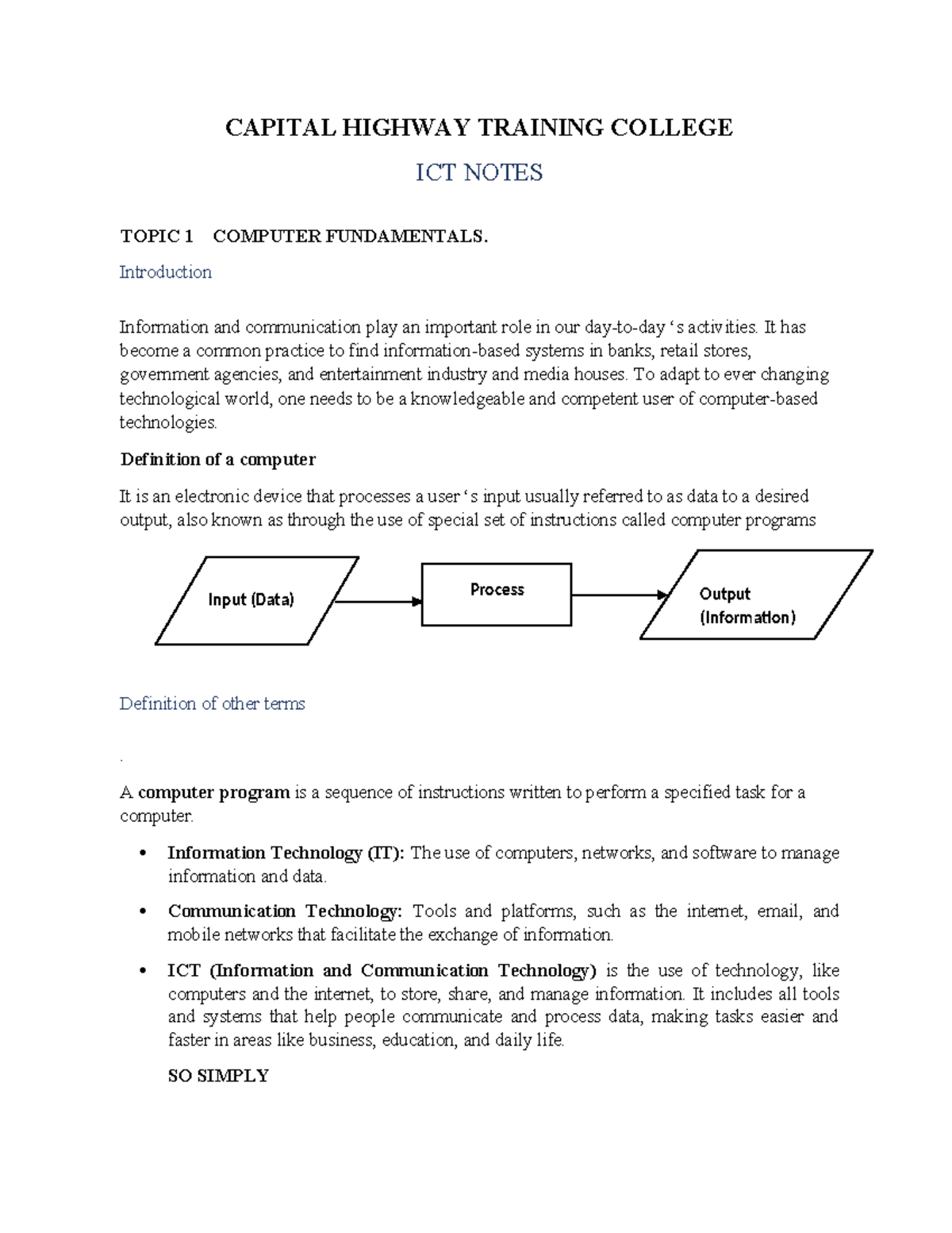 Computer - SAAS - CAPITAL HIGHWAY TRAINING COLLEGE ICT NOTES TOPIC 1 ...