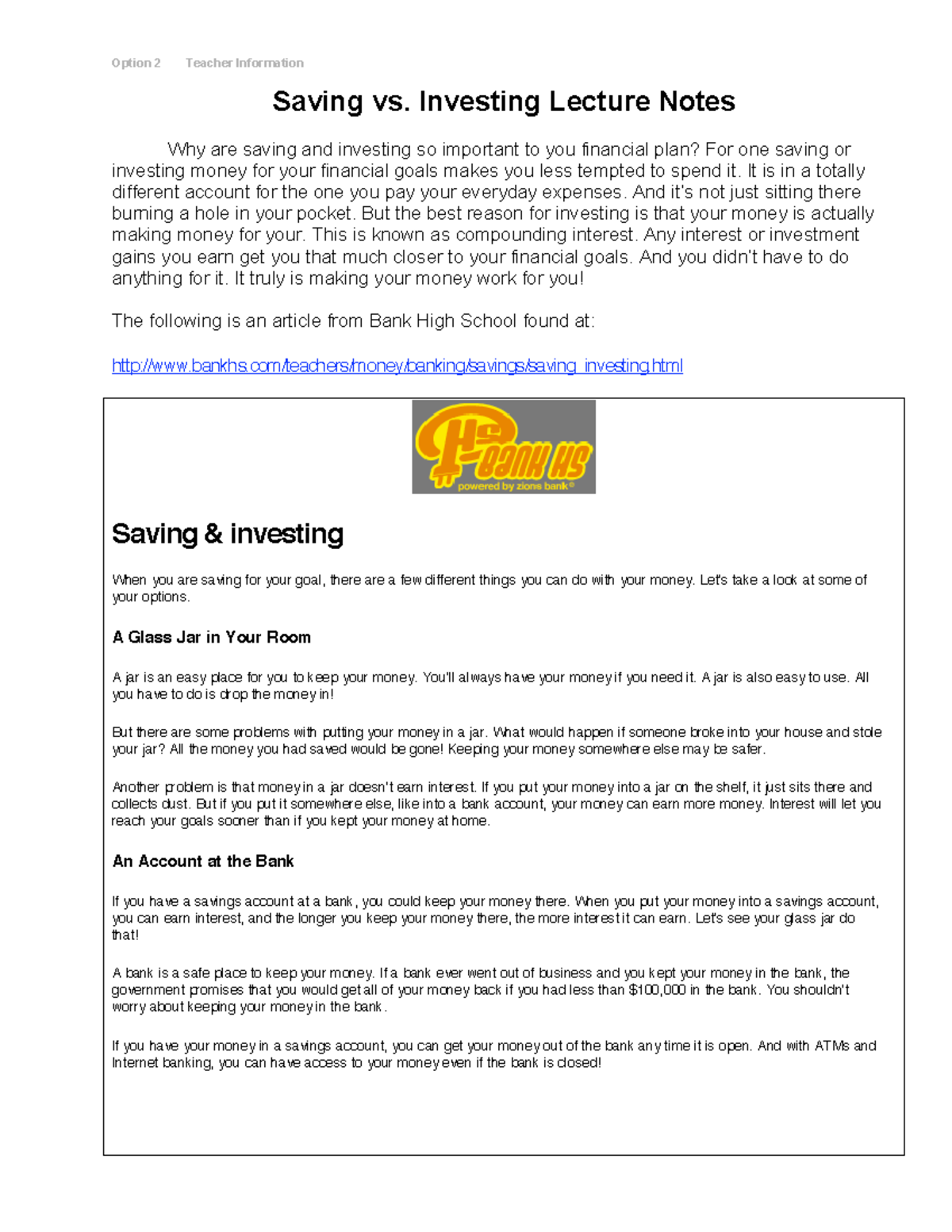 Savings vs Investment Lecture Notes - Option 2 Teacher Information ...