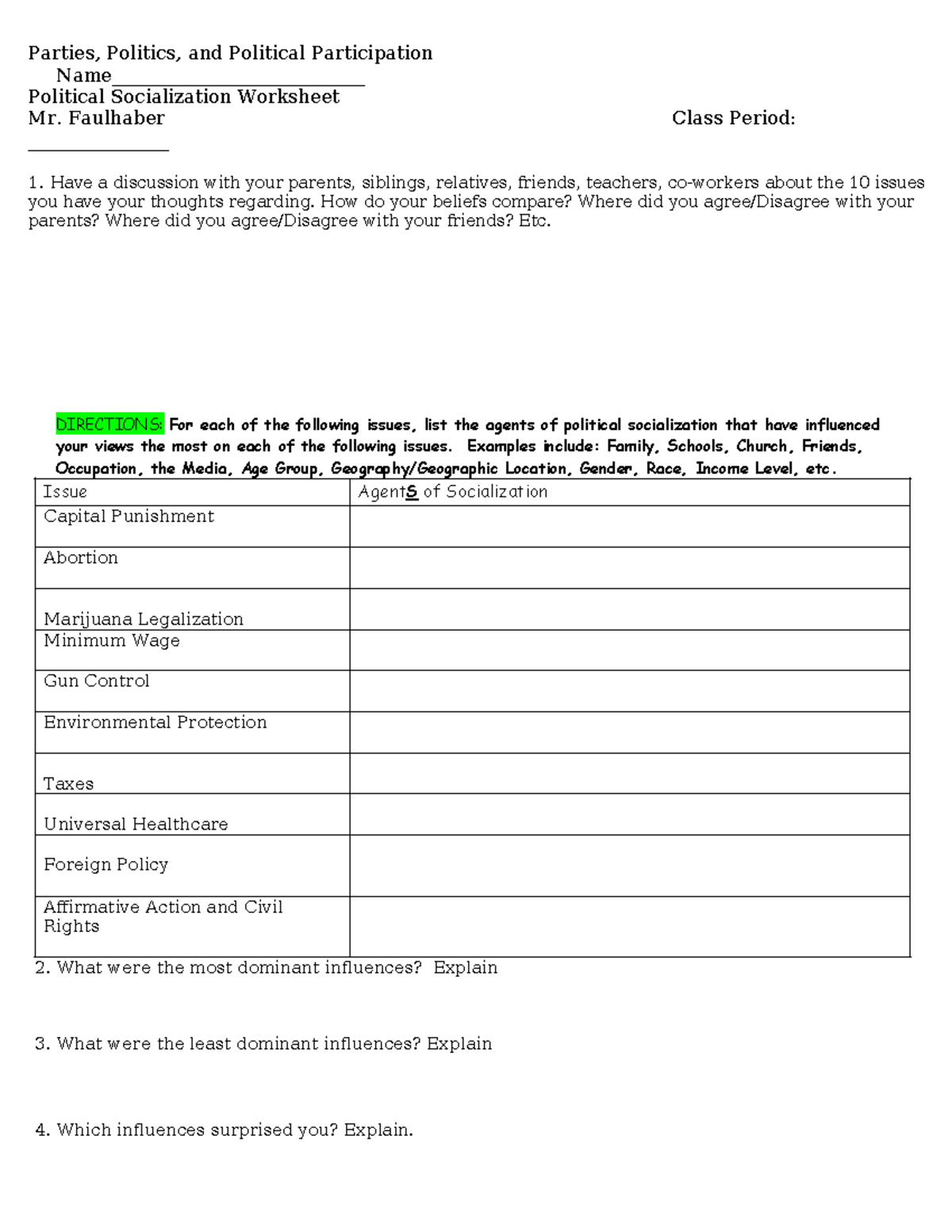 Political Socialization Worksheet - Parties, Politics, and Political ...