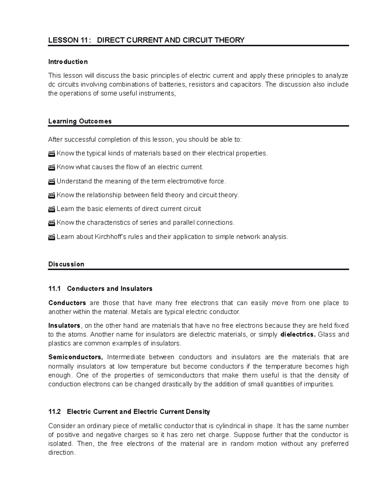 Lesson 11 Direct Current and Circuit Theory - LESSON 11: DIRECT CURRENT ...