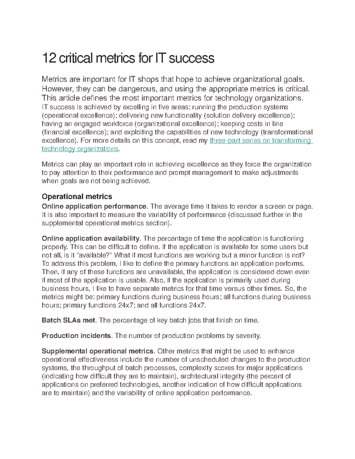 Critical Metrics for Information technologies' Success - 12 critical ...