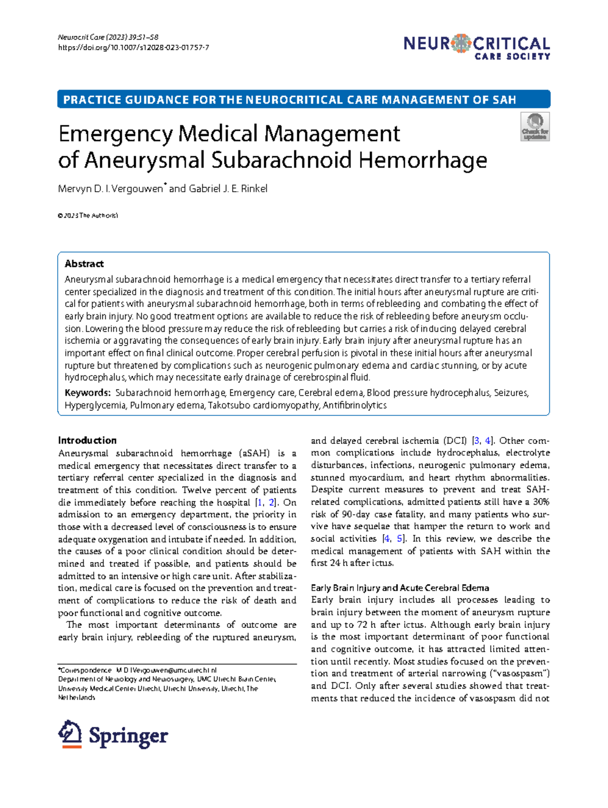 Aneurysmal Subarachnoid Hemorrhage-Emergency Medical Management - Neurocrit Care (2023) 39:51 ...