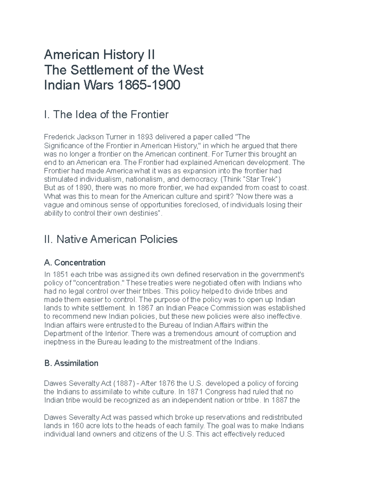 The Settlement of the West lecture notes - American History II The ...