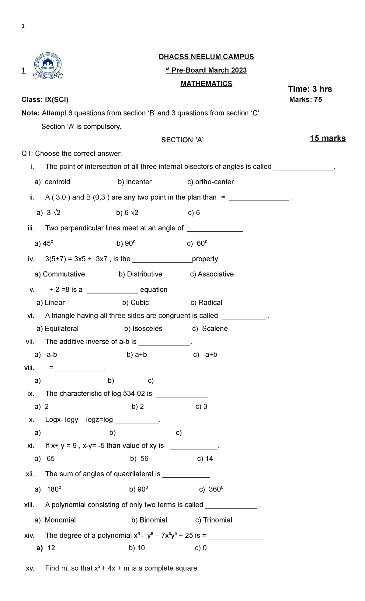 2nd Pre-board class X 2022 copy - 1 DHACSS NEELUM CAMPUS 1 st Pre-Board March 2023 MATHEMATICS ...