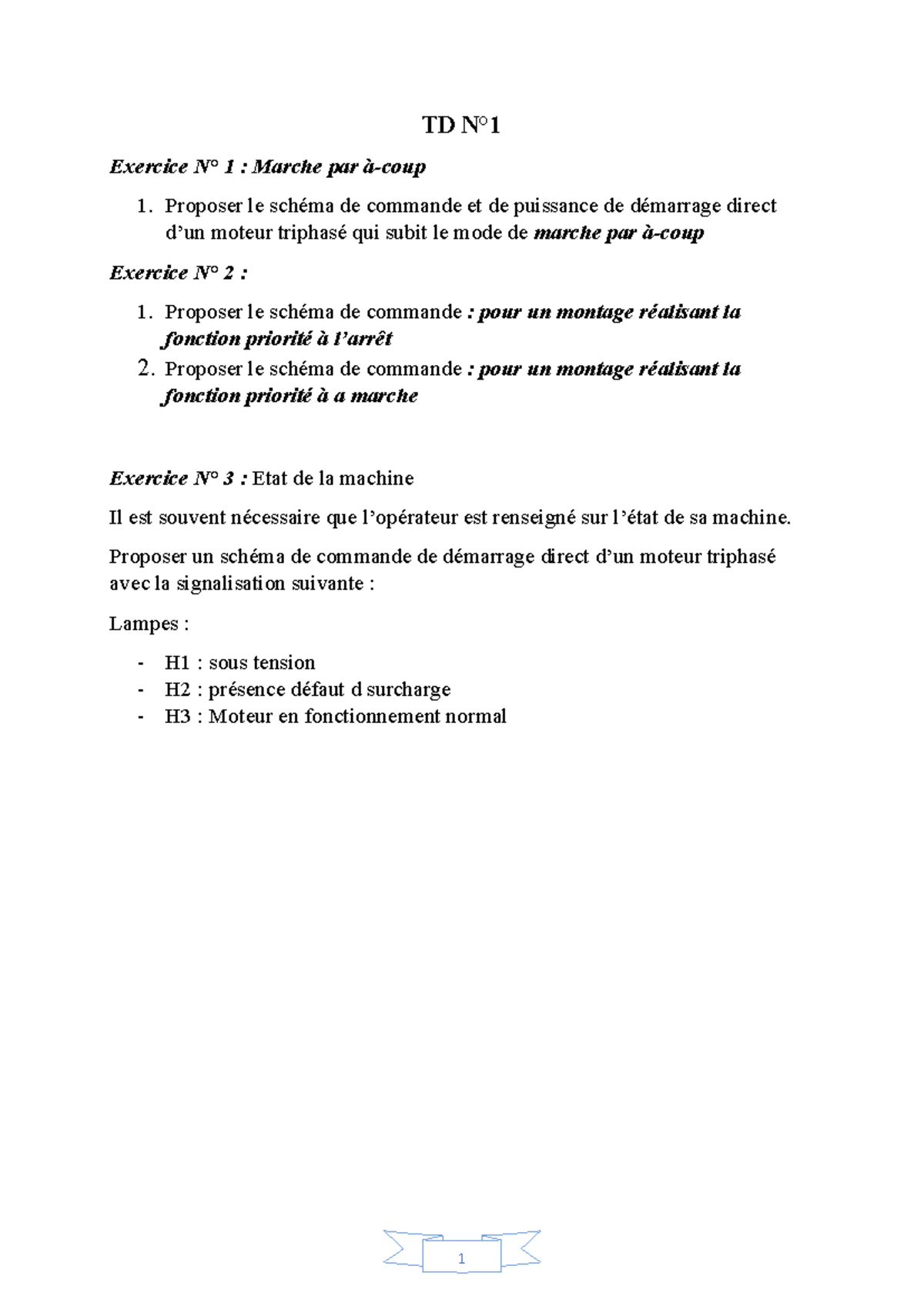 TD-N-1-2-3- Installations- Indus.-pdf - TD N° Exercice N° 1 : Marche par à-coup 1. Proposer le ...