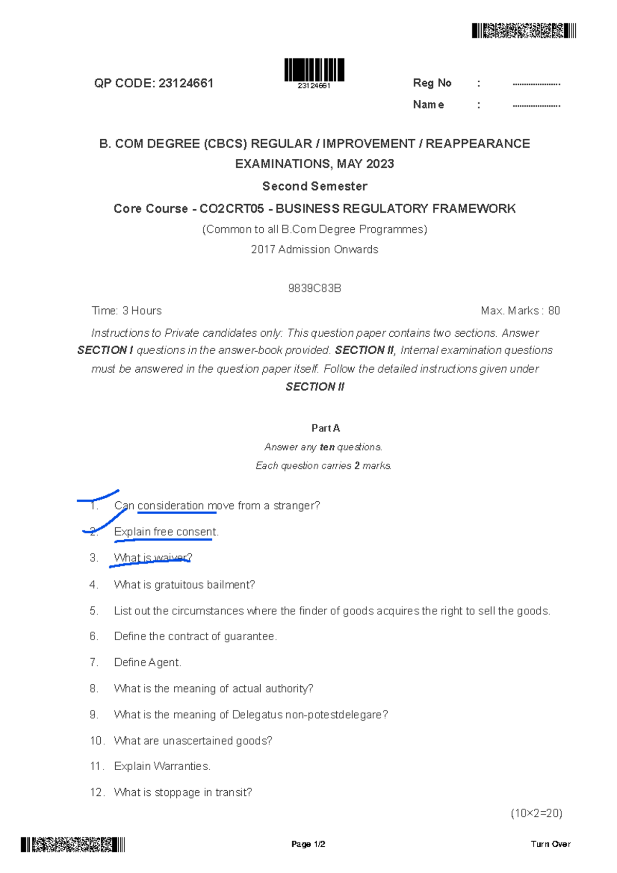 Business Regulatory Framework, MAY 2023 - QP CODE: 23124661 Reg No