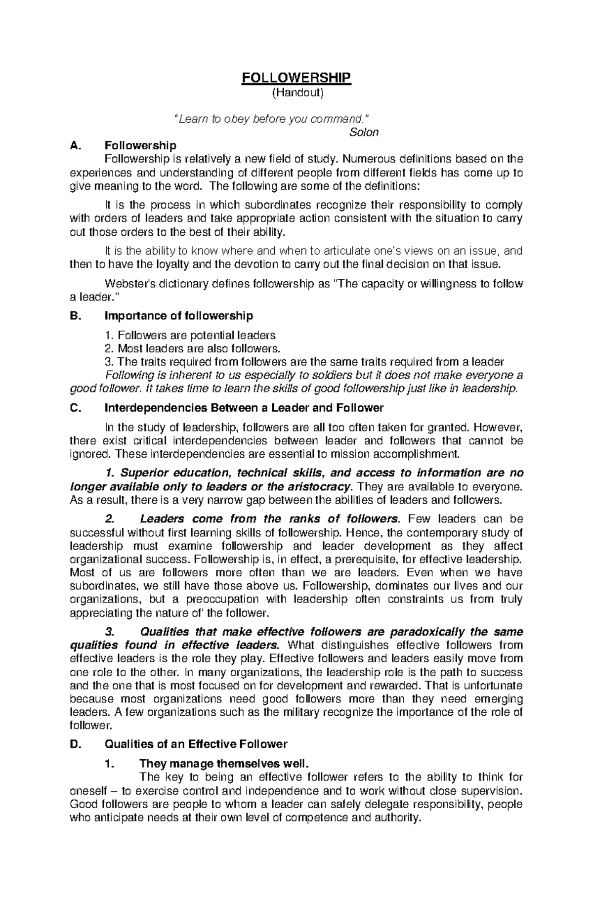 Followership - Delta - FOLLOWERSHIP (Handout) “Learn to obey before you ...