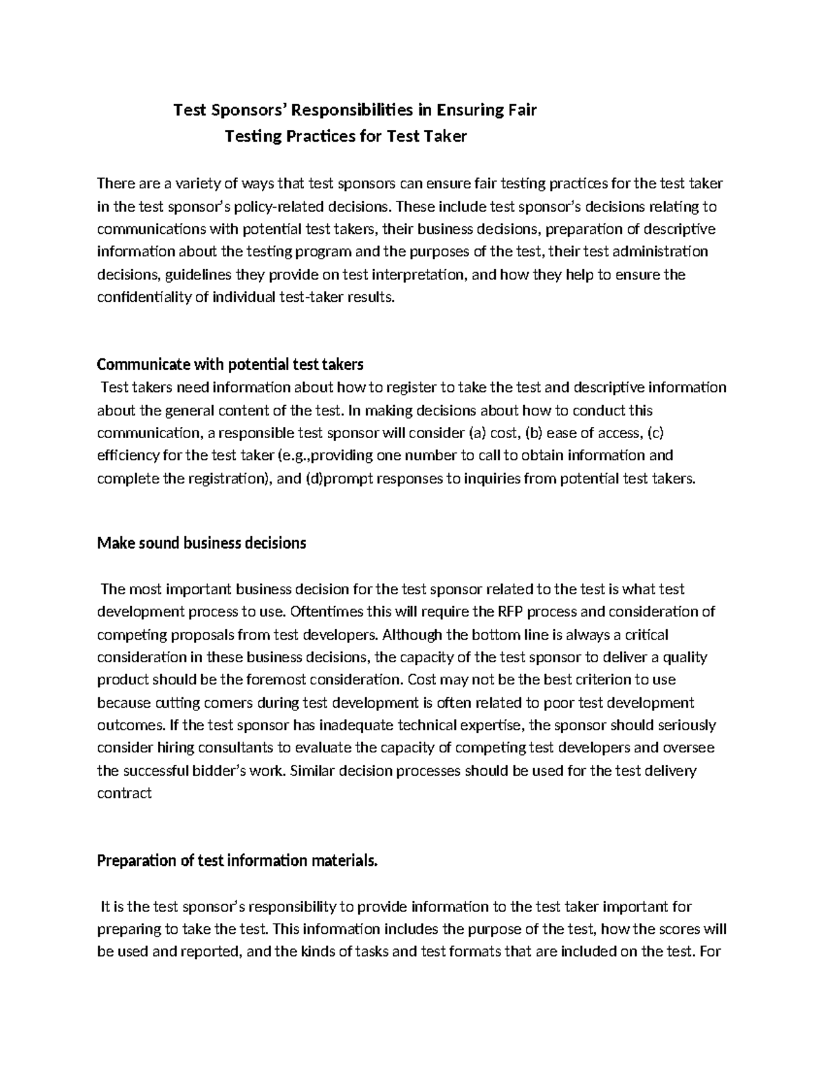 Ensuring FAIR Testing Practices FOR TEST Taker - Test Sponsors ...