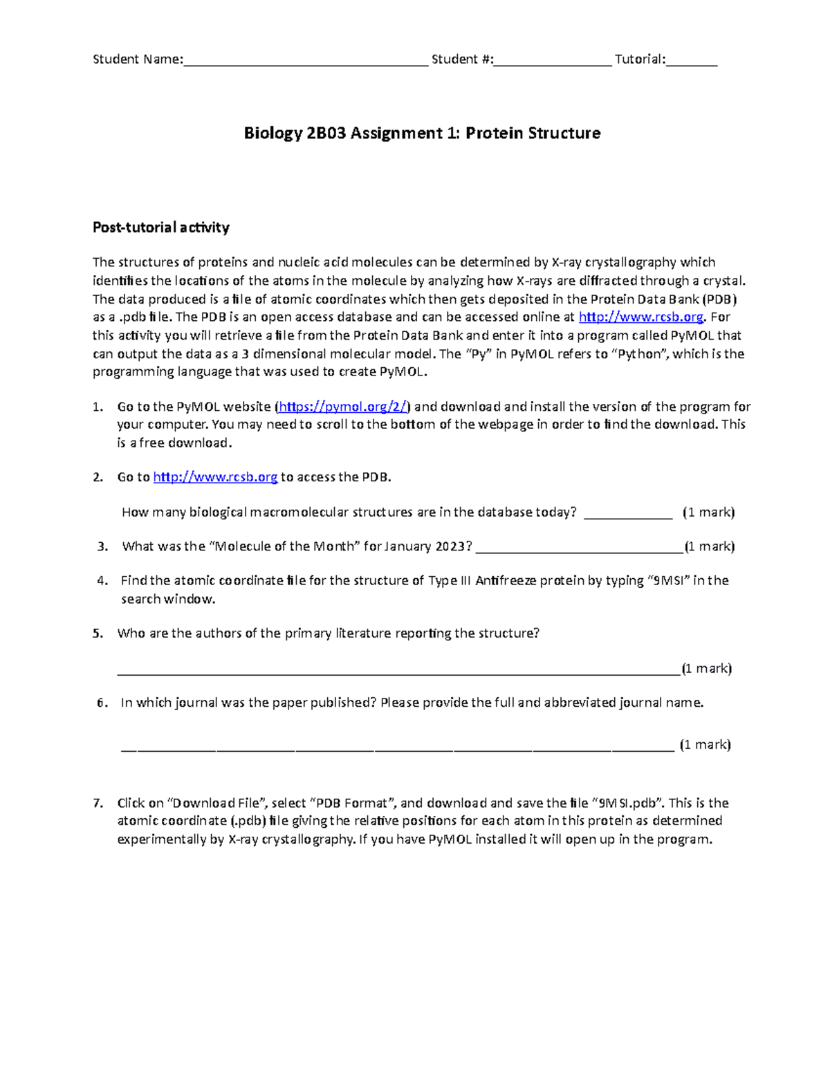 W23 Bio 2B03 Assignment 1 - Protein structure - Student Name ...