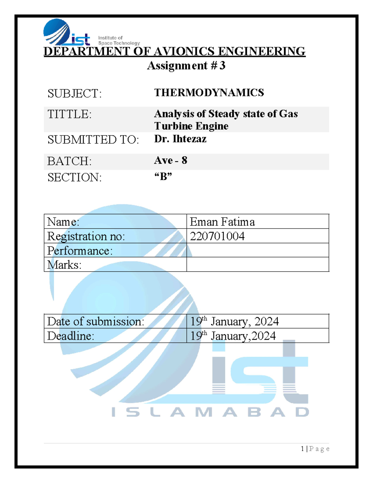 Assignment 03 analysis of gas turbine engine - DEPARTMENT OF AVIONICS ...