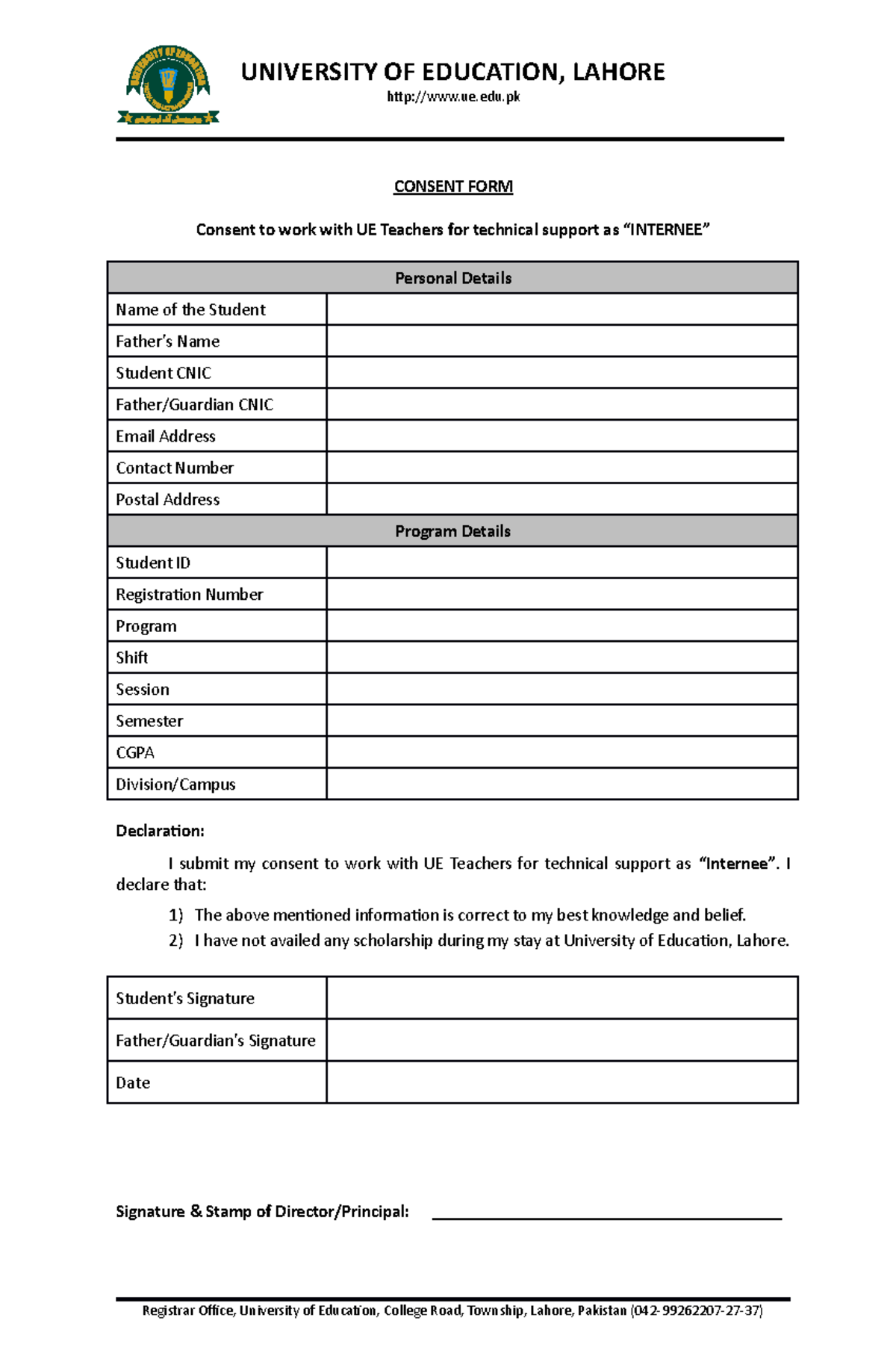 Consent Form - hello - UNIVERSITY OF EDUCATION, LAHORE ue.edu CONSENT ...