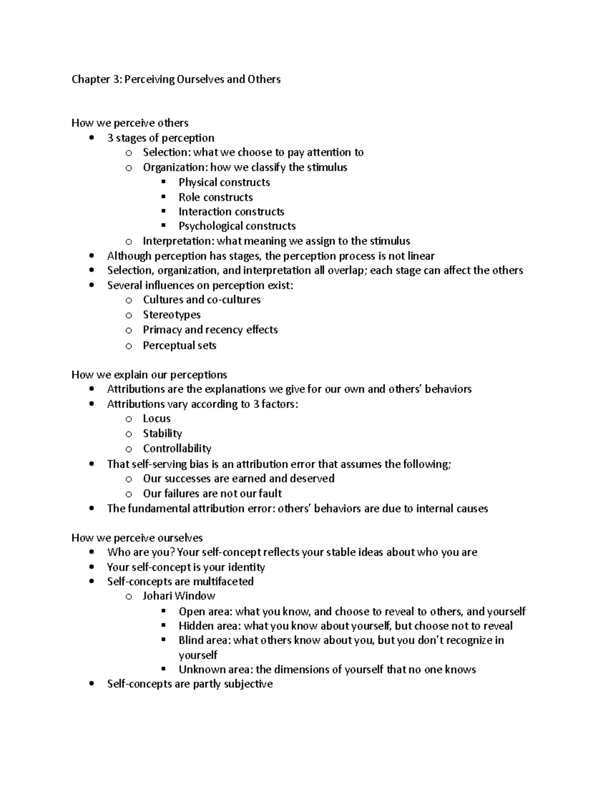 Chapter 3 - notes - Chapter 3: Perceiving Ourselves and Others How we ...