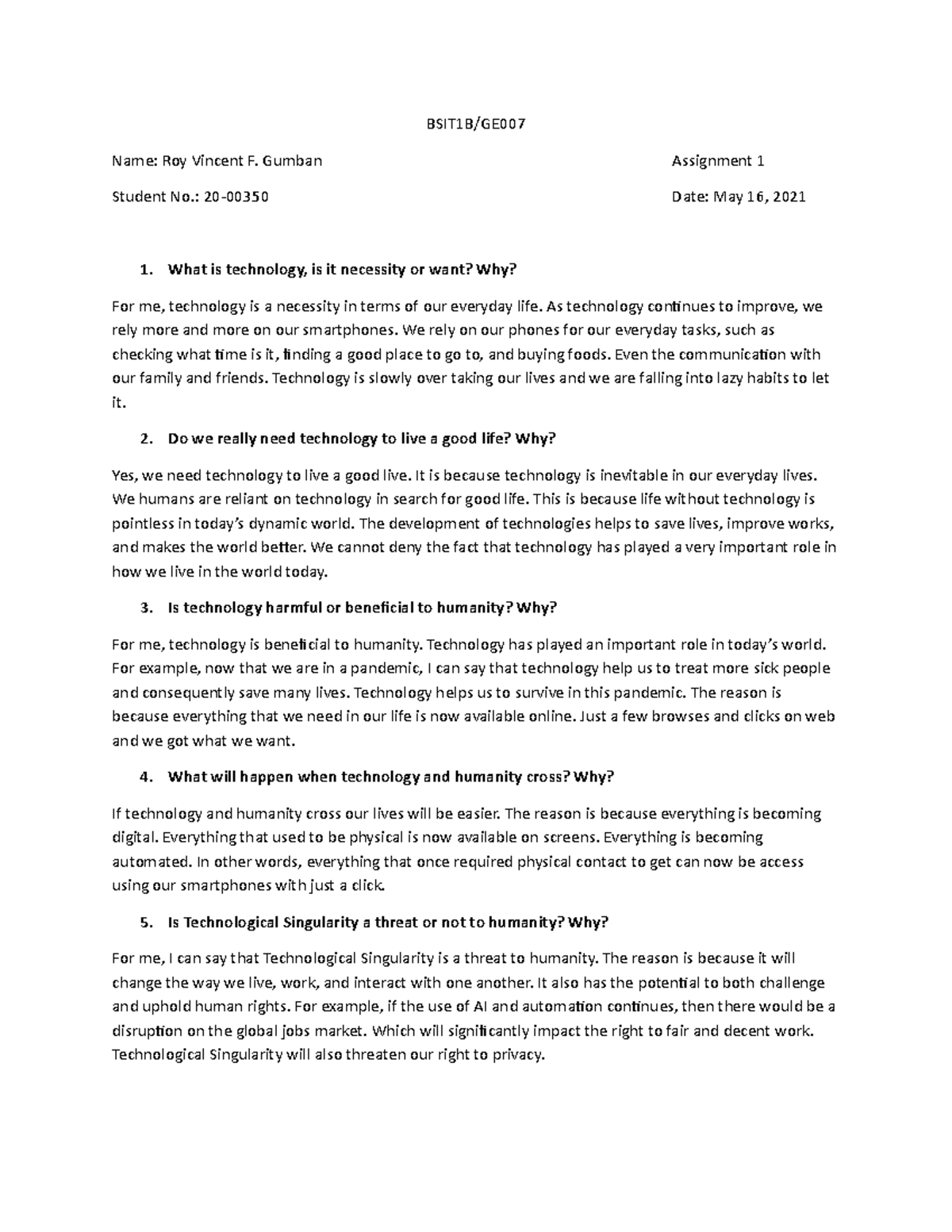 Exercise 1 - technology - BSIT1B/GE Name: Roy Vincent F. Gumban Assignment 1 Student No.: 20 ...