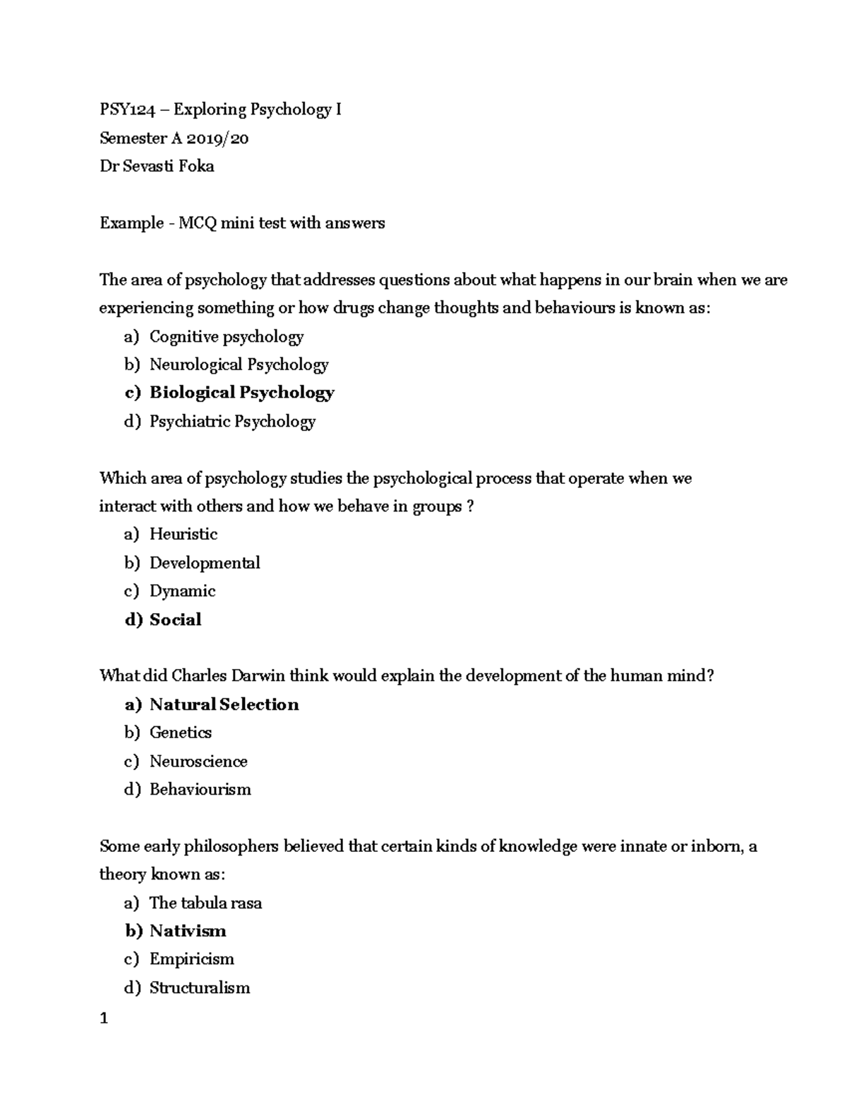 Test 2019, questions and answers - PSY124 – Exploring Psychology I ...