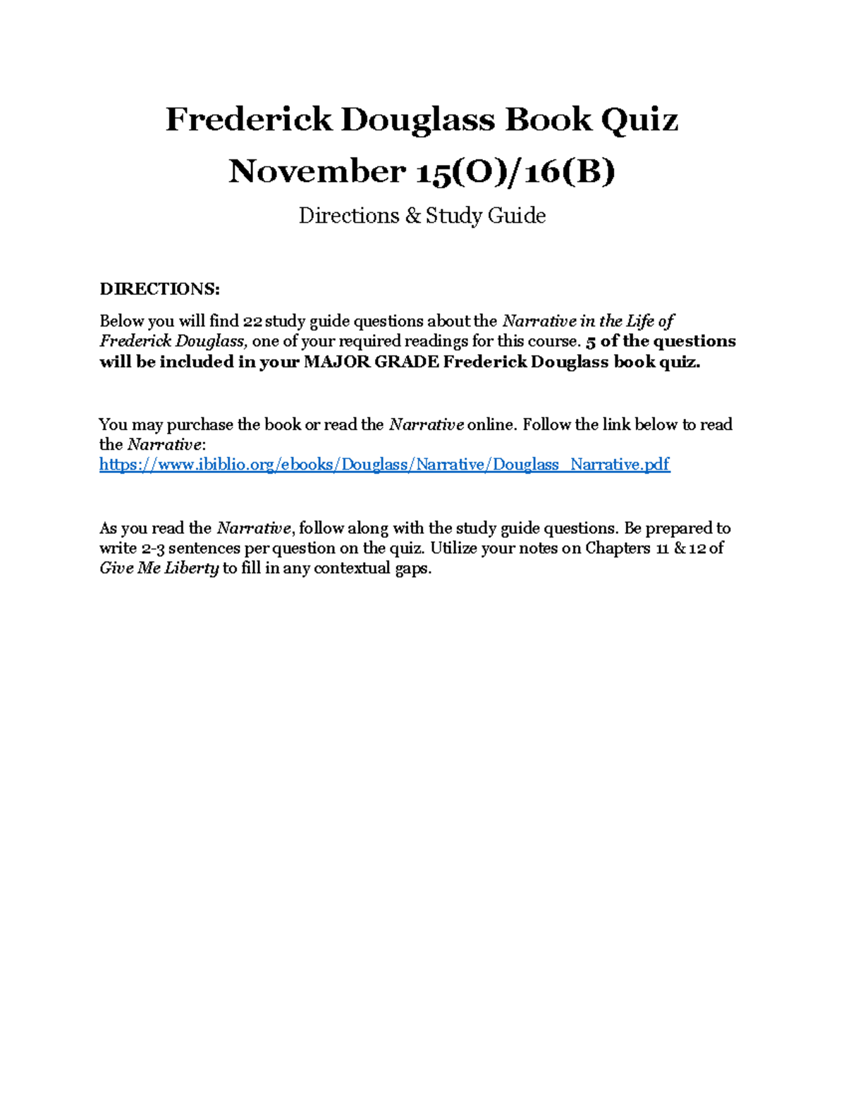 Frederick Douglass Book Quiz - Frederick Douglass Book Quiz November 15 ...