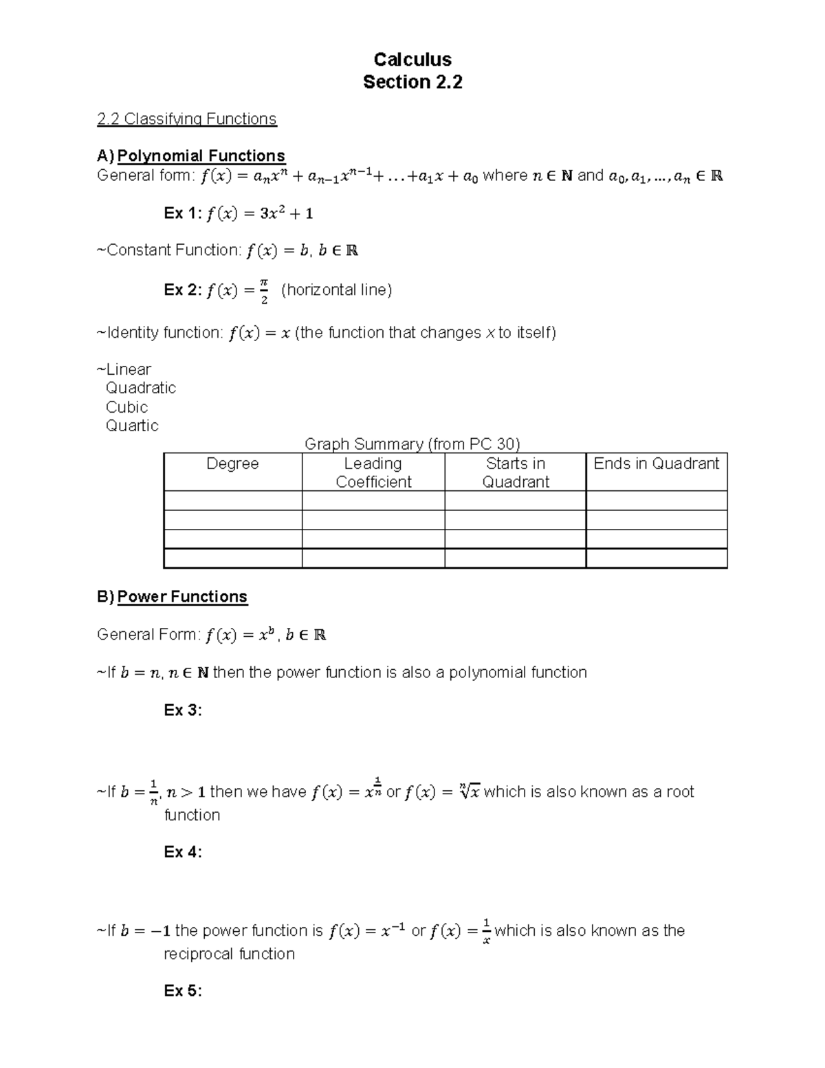 2.2 notes - Calculus Section 2. 2 Classifying Functions A) Polynomial ...