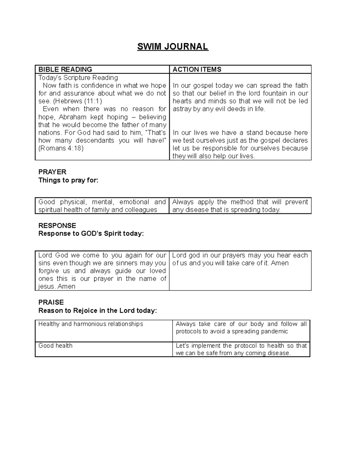 Journal in SWIM and religion - SWIM JOURNAL BIBLE READING ACTION ITEMS ...