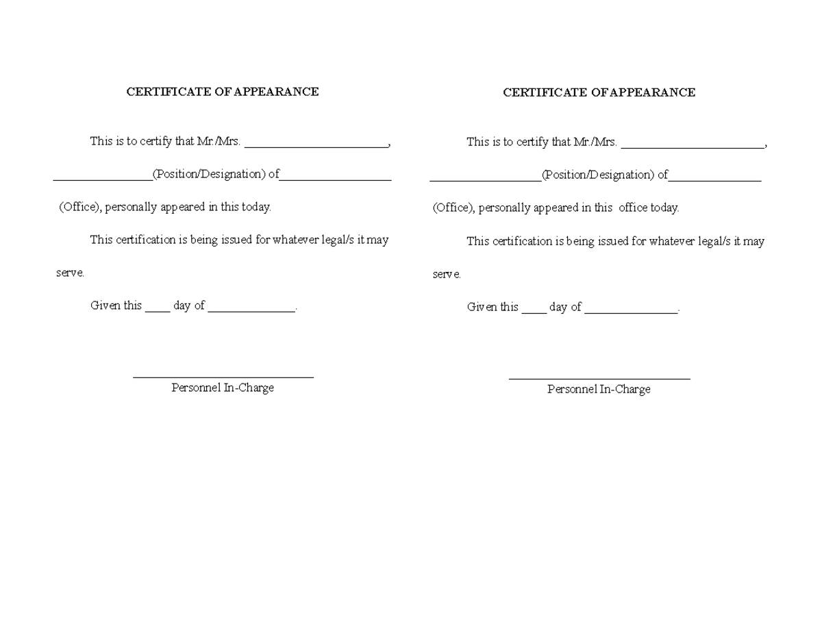 Pass-slip - PASS SLIP - CERTIFICATE OF APPEARANCE This is to certify ...