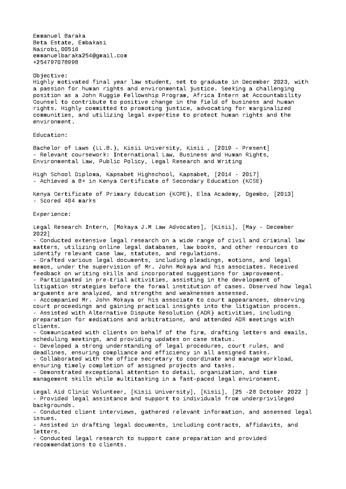 Resumetemplate - LAW DOCUMENTS - Emmanuel Baraka Beta Estate, Embakasi ...