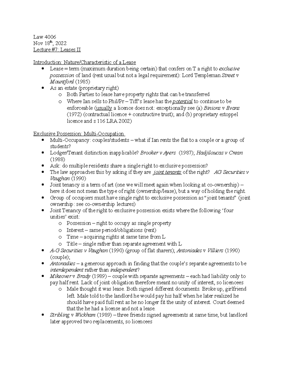 Law 4006 – Lecture #7 - Law 4006 Nov 18th, 2022 Lecture #7: Leases II Introduction: - Studocu