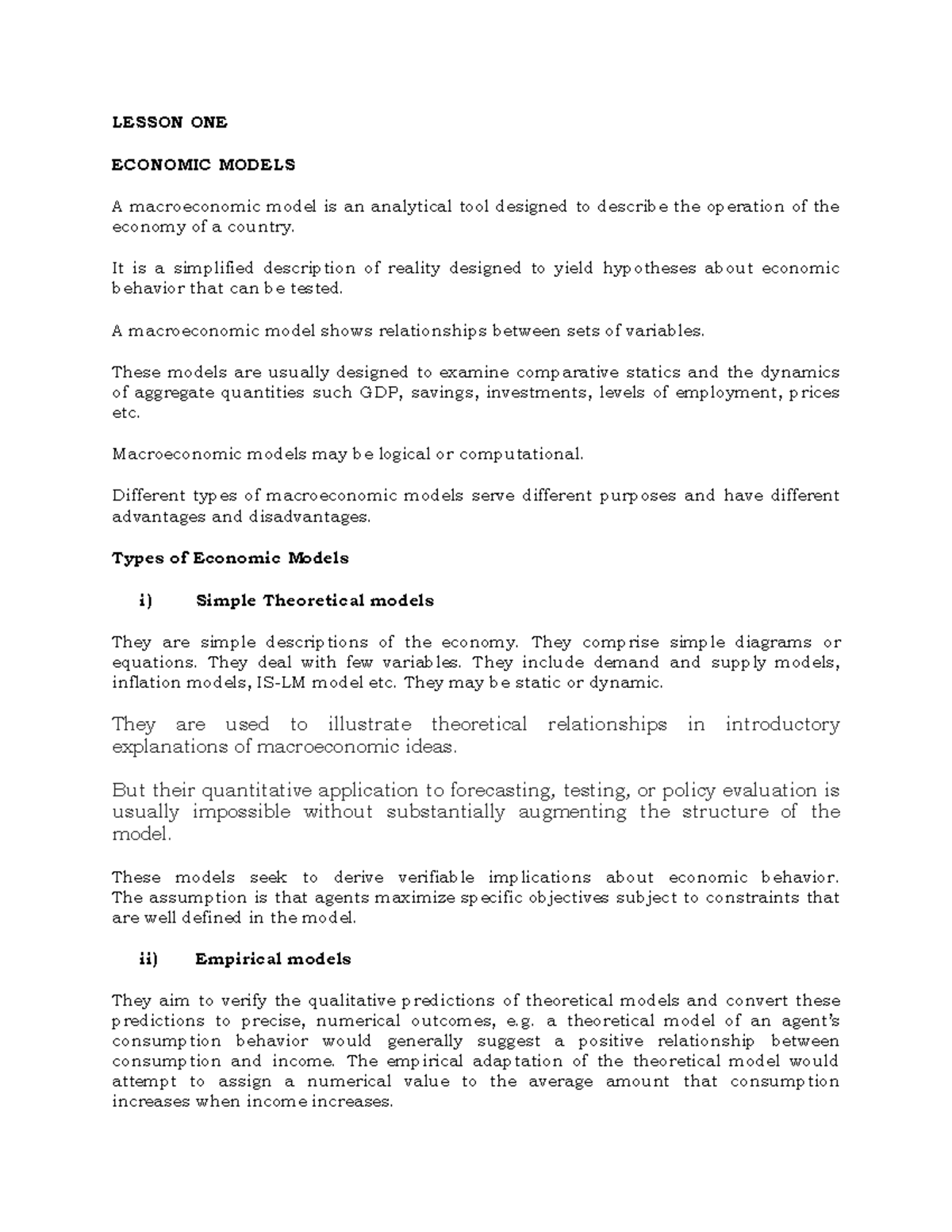 Lesson ONE - Economic Models muthama - LESSON ONE ECONOMIC MODELS A ...